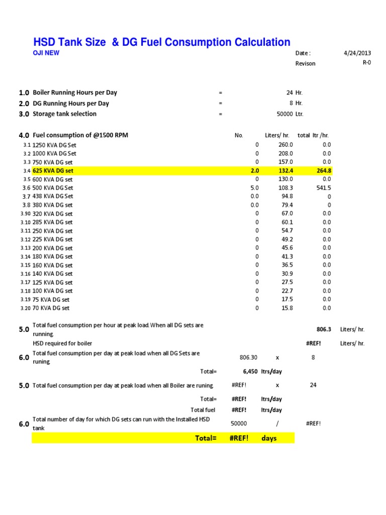 HSD Tank Size & DG Fuel Consumption Calculation | PDF