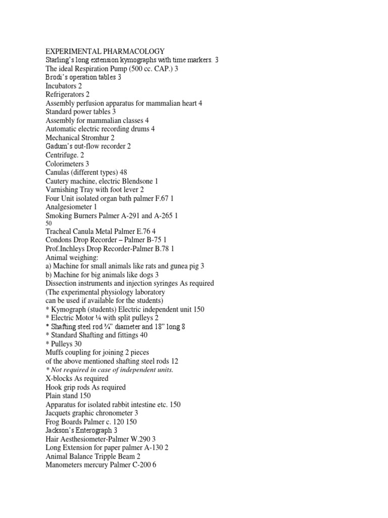 Pharmacology Lab Equipment List | PDF | Pressure Measurement | Glasses