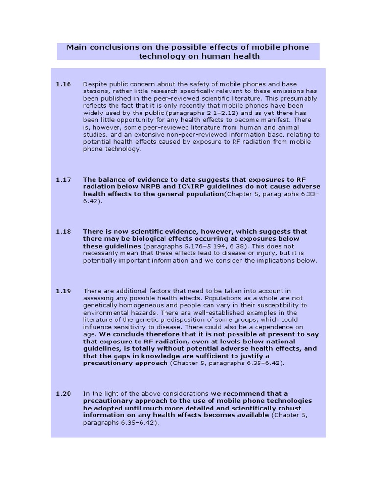 Main Conclusions On The Possible Effects of Mobile Phone Technology On ...