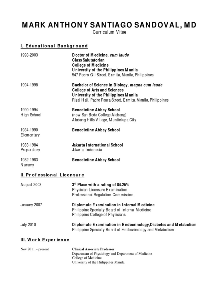 SANDOVAL Mark Anthony Curriculum Vitae Jan 2013 PDF | PDF | Medical ...