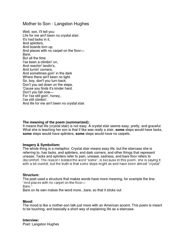 Mother To Son | PDF | Poetry