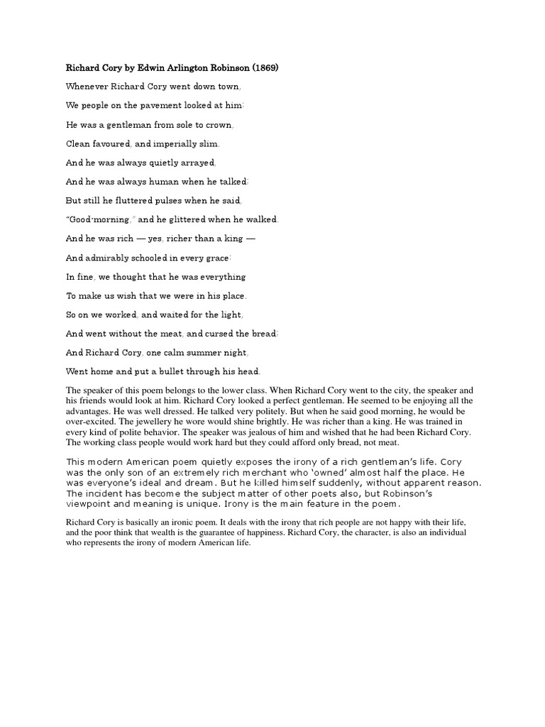 Richard Cory by Edwin Arlington Robinson | PDF | Poetry