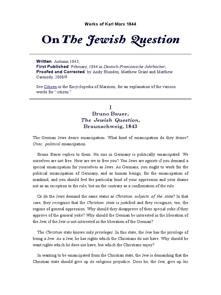 On The Jewish Question by Karl Marx PDF | PDF | Natural And Legal ...