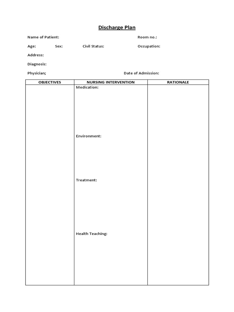Patient Discharge Plan Template | PDF | Self-Improvement | Wellness