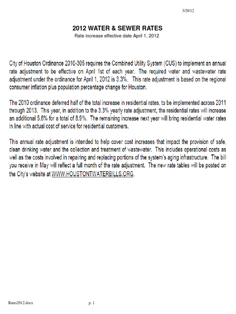 2012 Water & Sewer Rates: Rate Increase Effective Date April 1, 2012 ...
