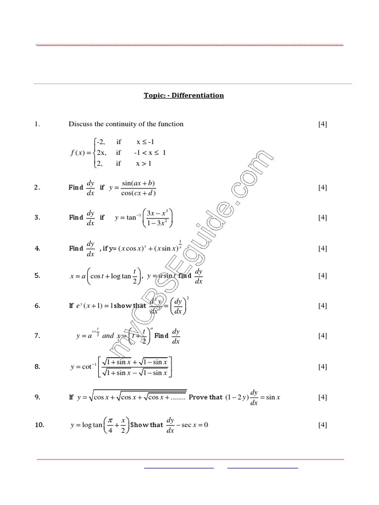12 Mathematics Calculus Differentiability Test 04 | PDF