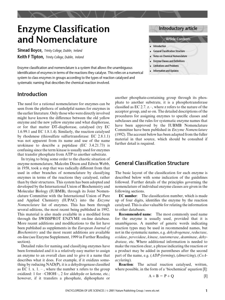 Enzyme Classification Nomenclature PDF | PDF
