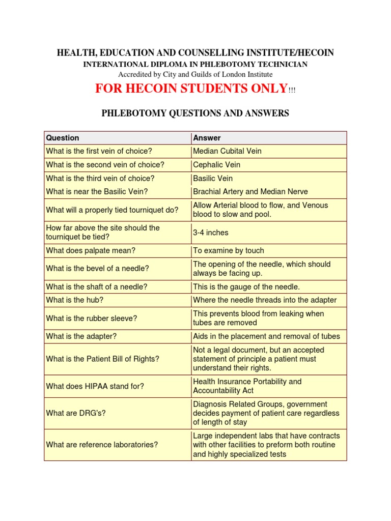 Phlebotomy Questions and Answers 2 | PDF | White Blood Cell ...
