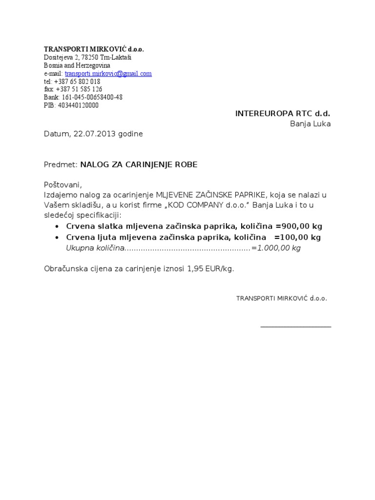 Nalog Za Carinjenje | PDF