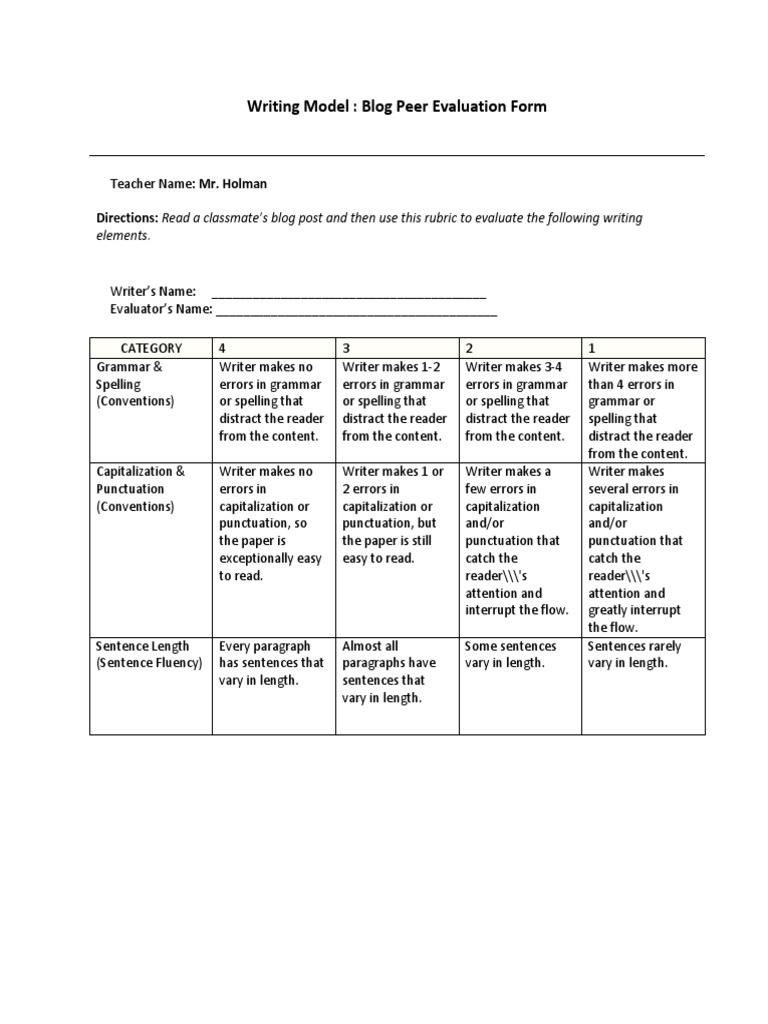 Peer Evaluation Rubric | PDF