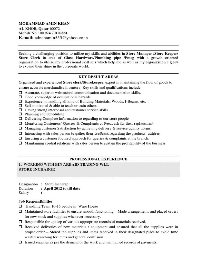 Store Supervisor Resume of Mohammad Amin Khan | PDF | Retail | Inventory