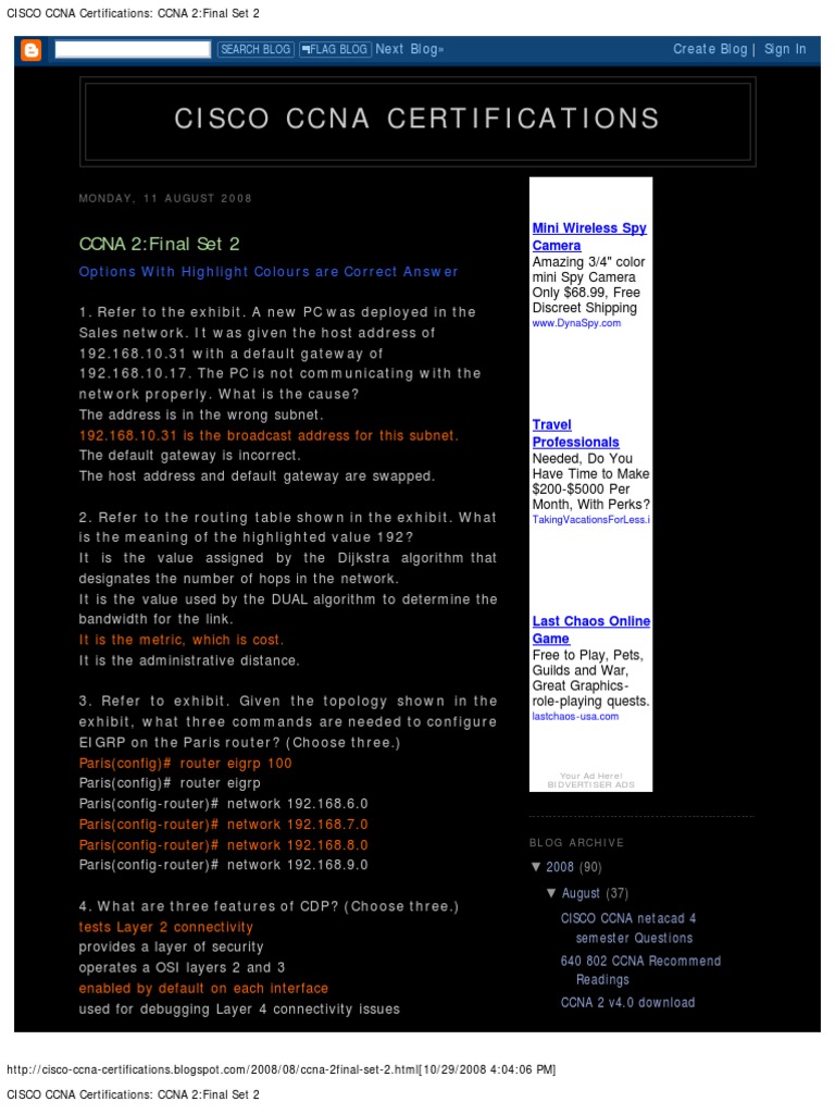 CISCO CCNA Certifications - CCNA 2 - Final Set 2 | PDF | Routing | Router (Computing)