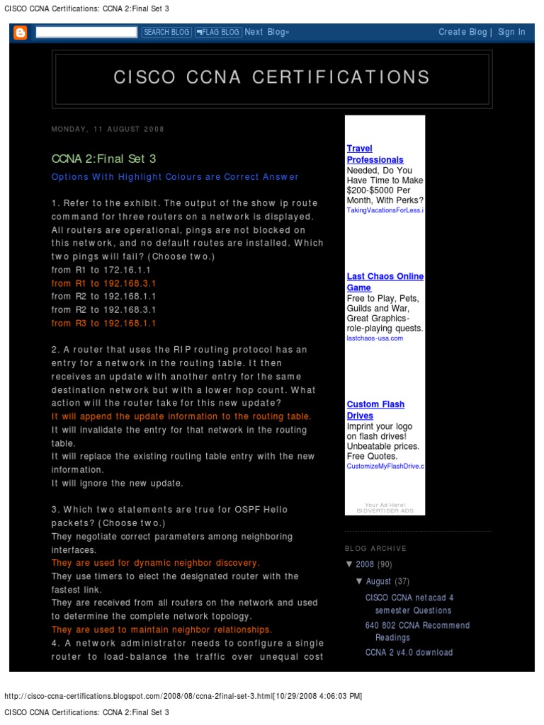 CISCO CCNA Certifications - CCNA 2 - Final Set 3 | PDF