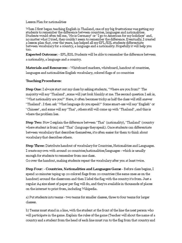 Lesson Plan For Nationalities | PDF | English As A Second Or Foreign ...