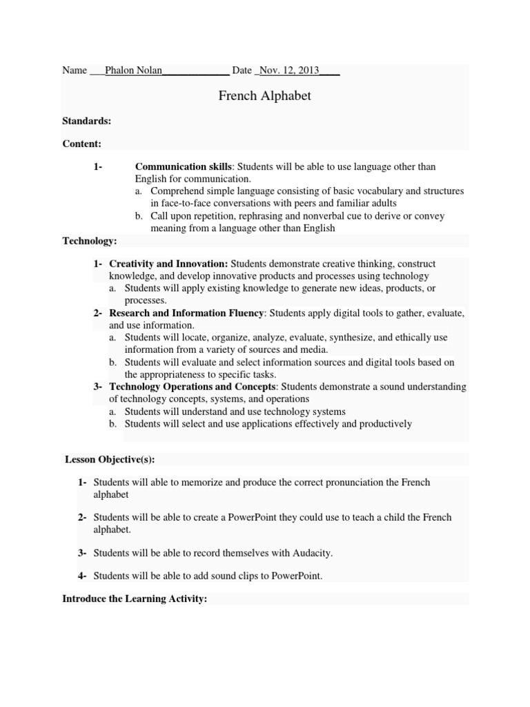 French Alphabet Lesson Plan | PDF | Lesson Plan | English Language