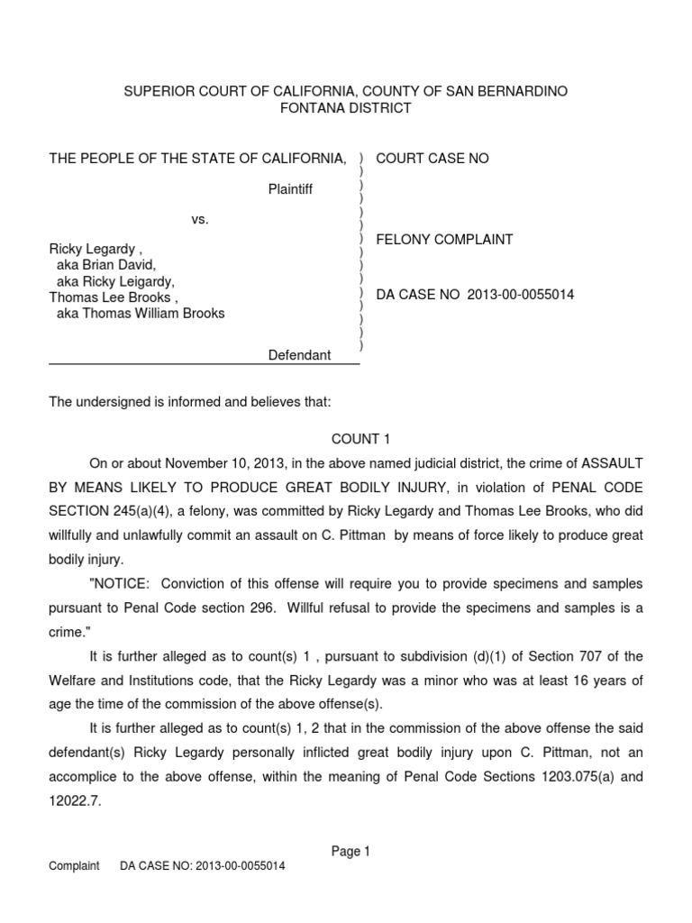 Felony Complaint | PDF | Felony | Assault