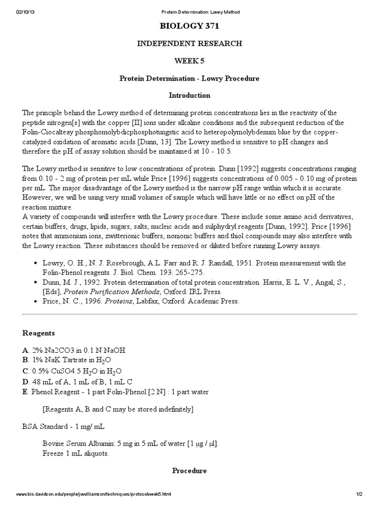 Protein Determination - Lowry Method | PDF
