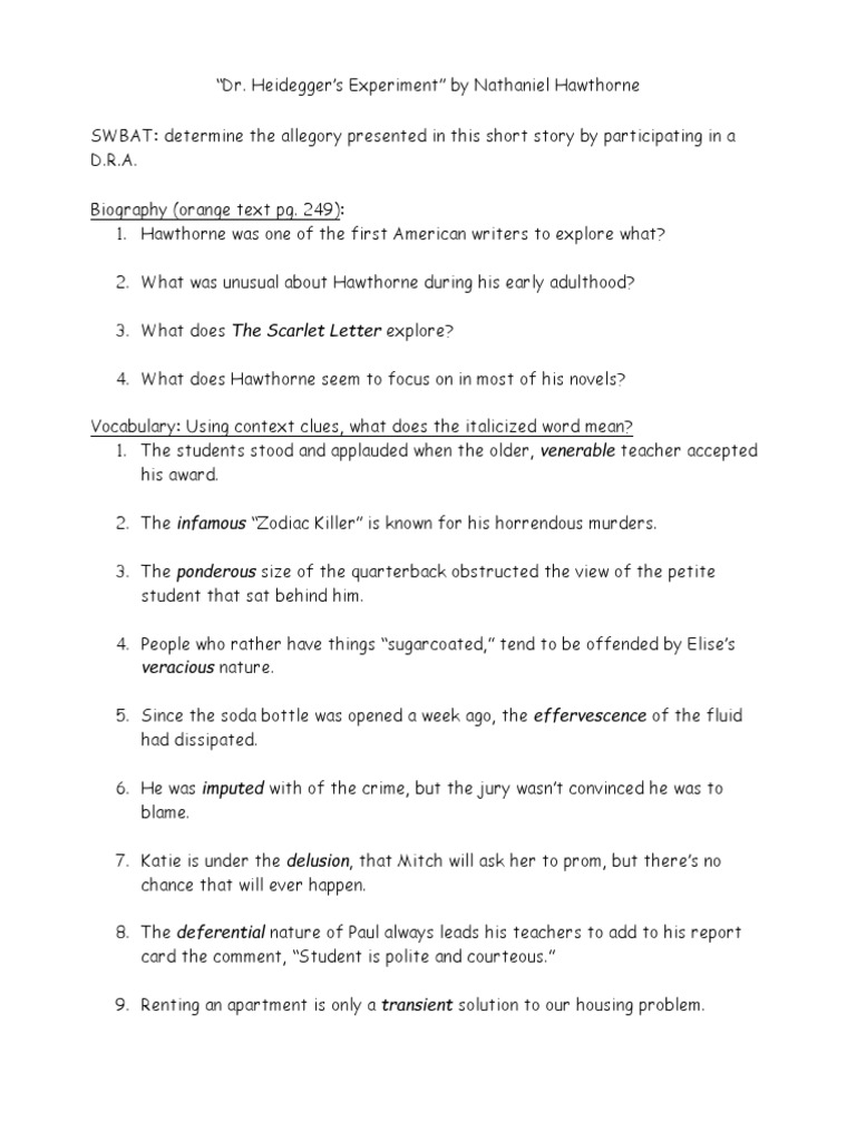 Hawthorne Dr. Heideggers Experiment PDF | PDF | Nathaniel Hawthorne ...