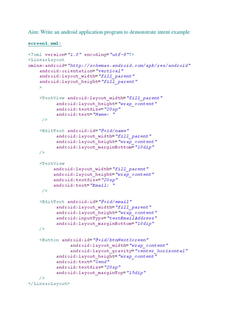 Aim: Write An Android Application Program To Demonstrate Intent Example | PDF | Graphical User ...