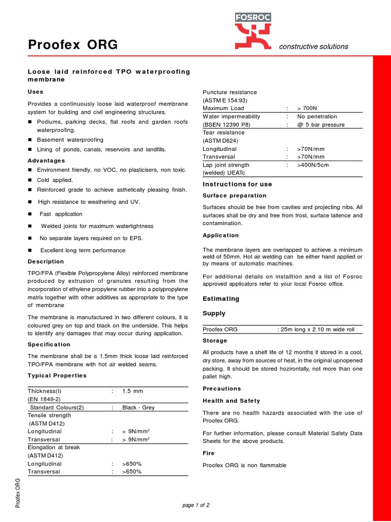 Proofex ORG: Loose Laid Reinforced TPO Waterproofing Membrane | PDF ...