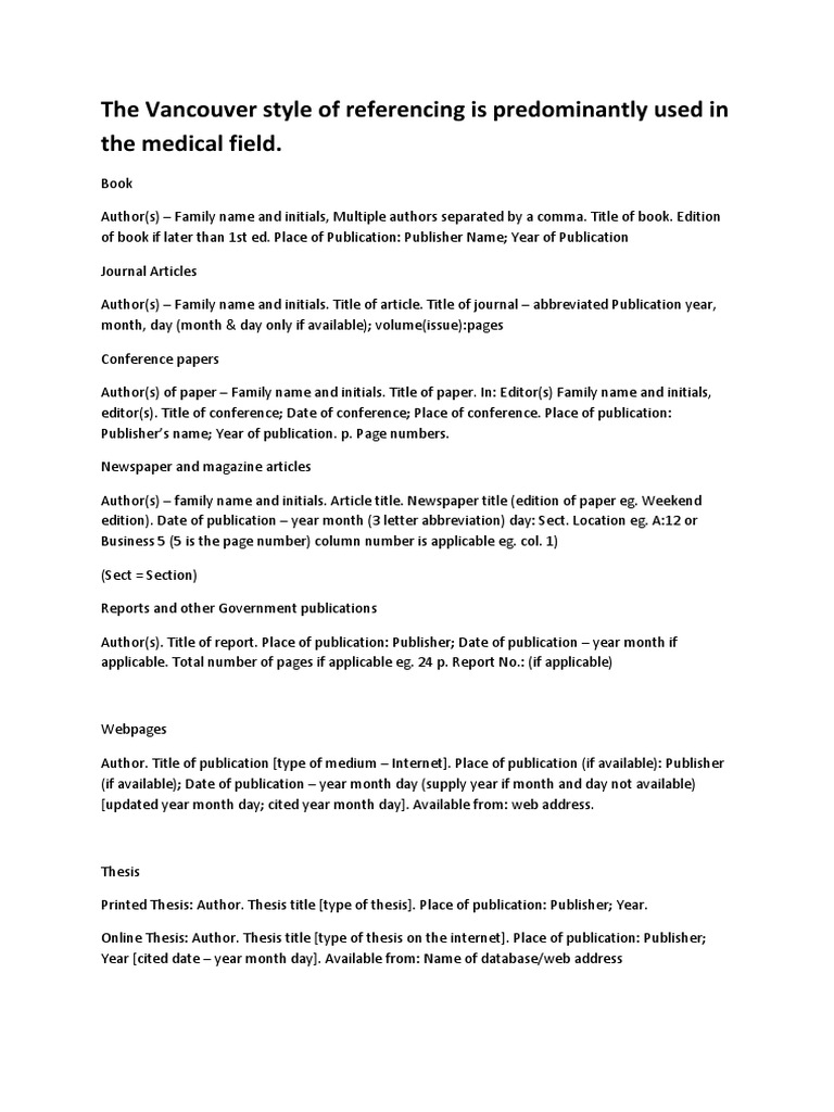 The Vancouver Style of Referencing Is Predominantly Used in The Medical ...