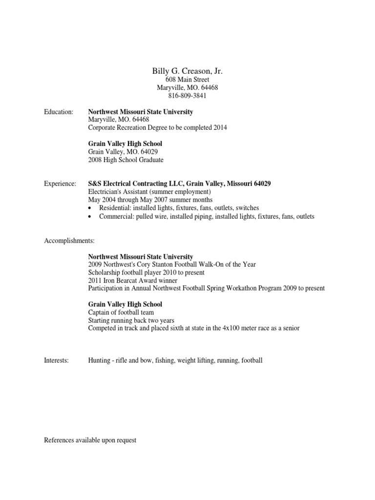 Billy Creason Jr. Resume: Education & Experience | PDF