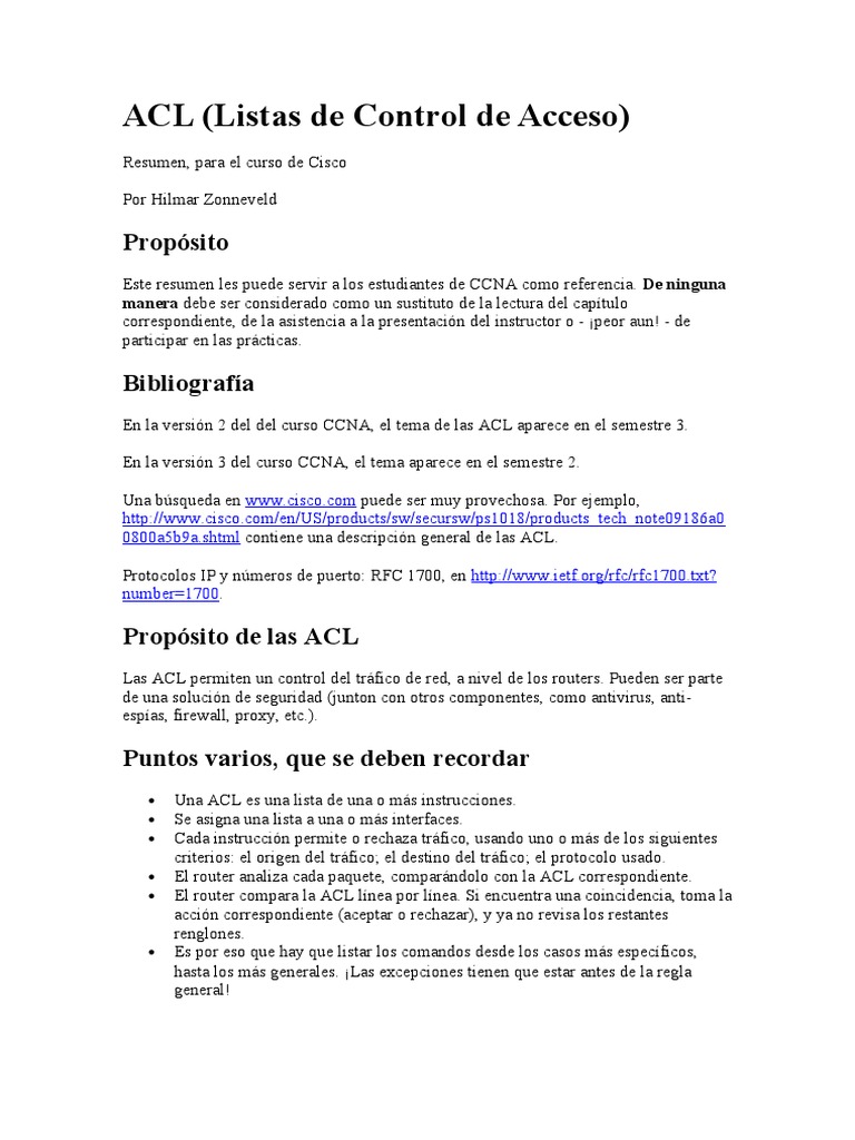 Resumen ACL | PDF | Dirección IP | Enrutador (Computación)