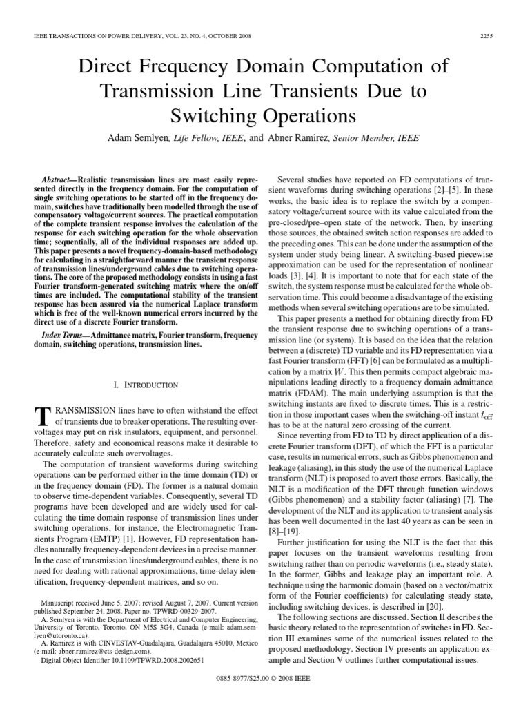 Direct Frequency Domain Computation of Transmission Line Transients Due To Switching Operations ...