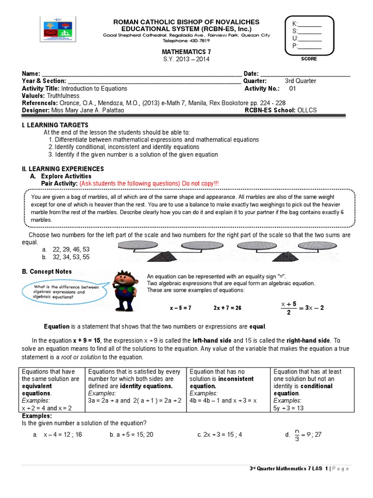3rd Quarter Math G7 LAS (Week 1 - 2) PDF | PDF | Numbers | Equations