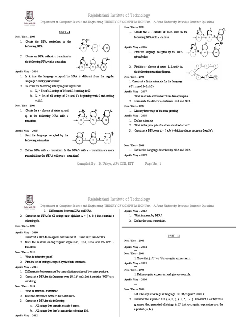 Theory of Computation - Part - A - Anna University Questions | PDF | Formal Methods | Discrete ...