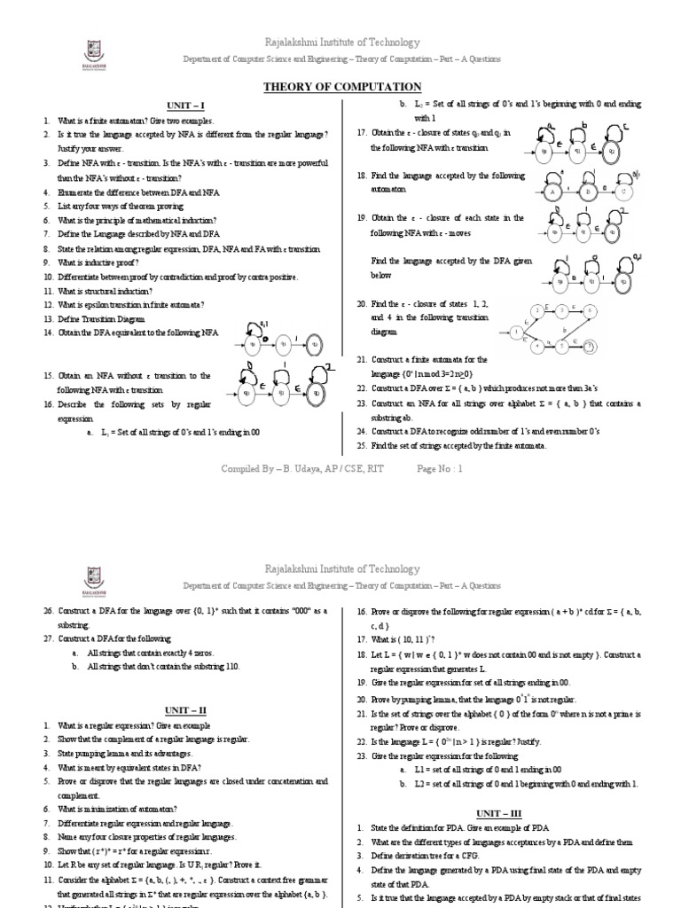 Theory Of Computation Part A Questions Bank Pdf Regular Expression Theory Of Computation