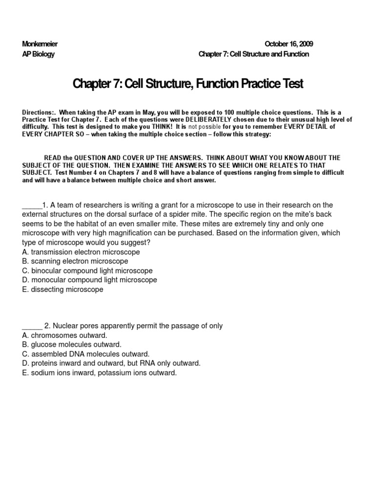 Cell Structure, Function Practice Test With Answers | PDF | Cell ...