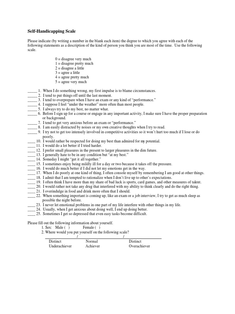 Self-Handicapping Survey | PDF | Action (Philosophy) | Applied Psychology