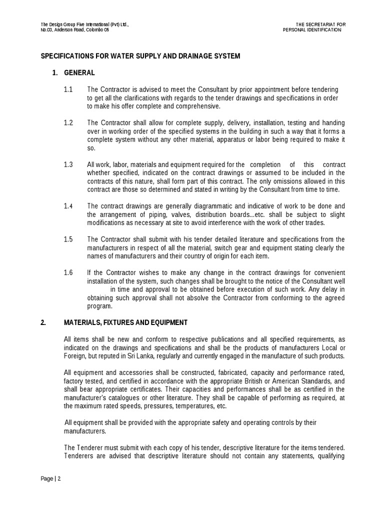 Specifications For Water Supply and Drainage System 1. General | PDF ...