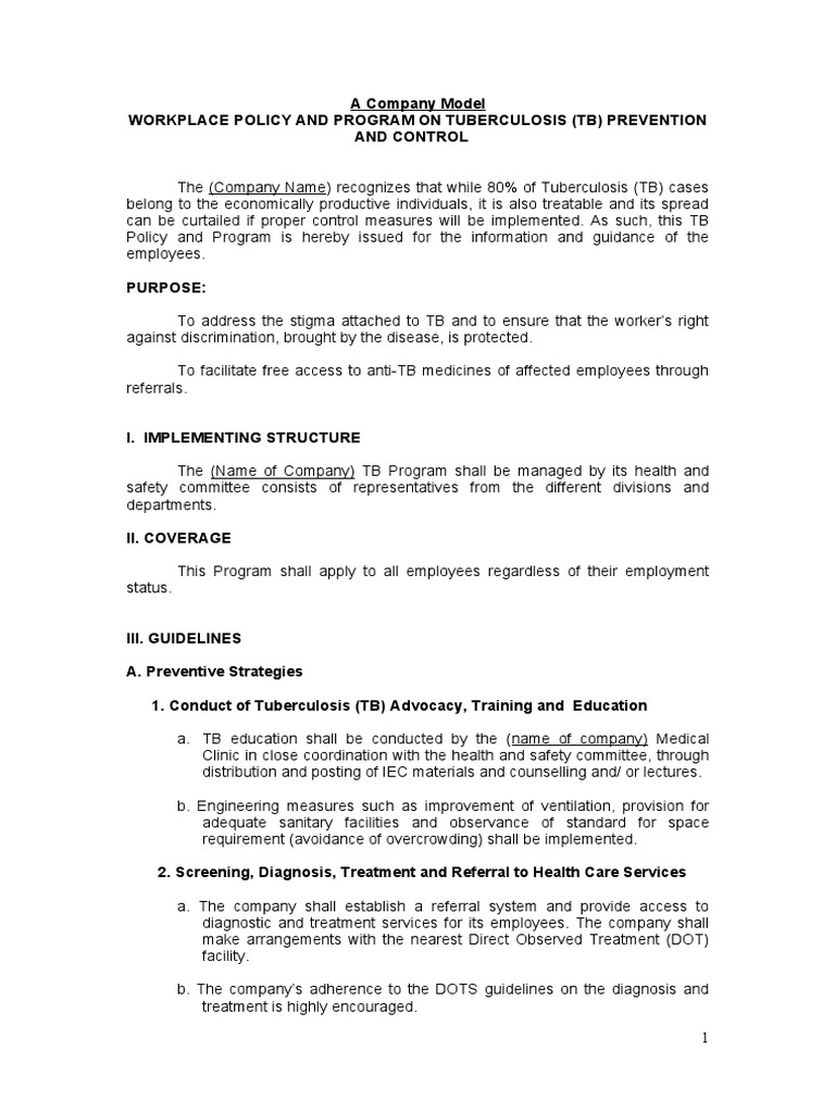 TB Prevention Policy for the Workplace | PDF | Tuberculosis | Employment