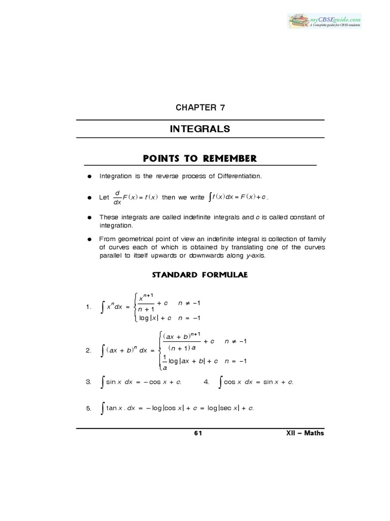 Math Class 12th - Integral Calculus - Important Questions | PDF ...