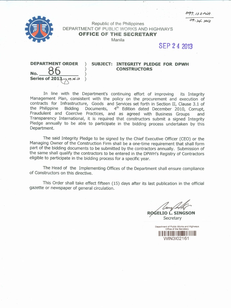 Integrity Pledge - DPWH DO 086_S2013 | Construction Bidding | Bribery ...