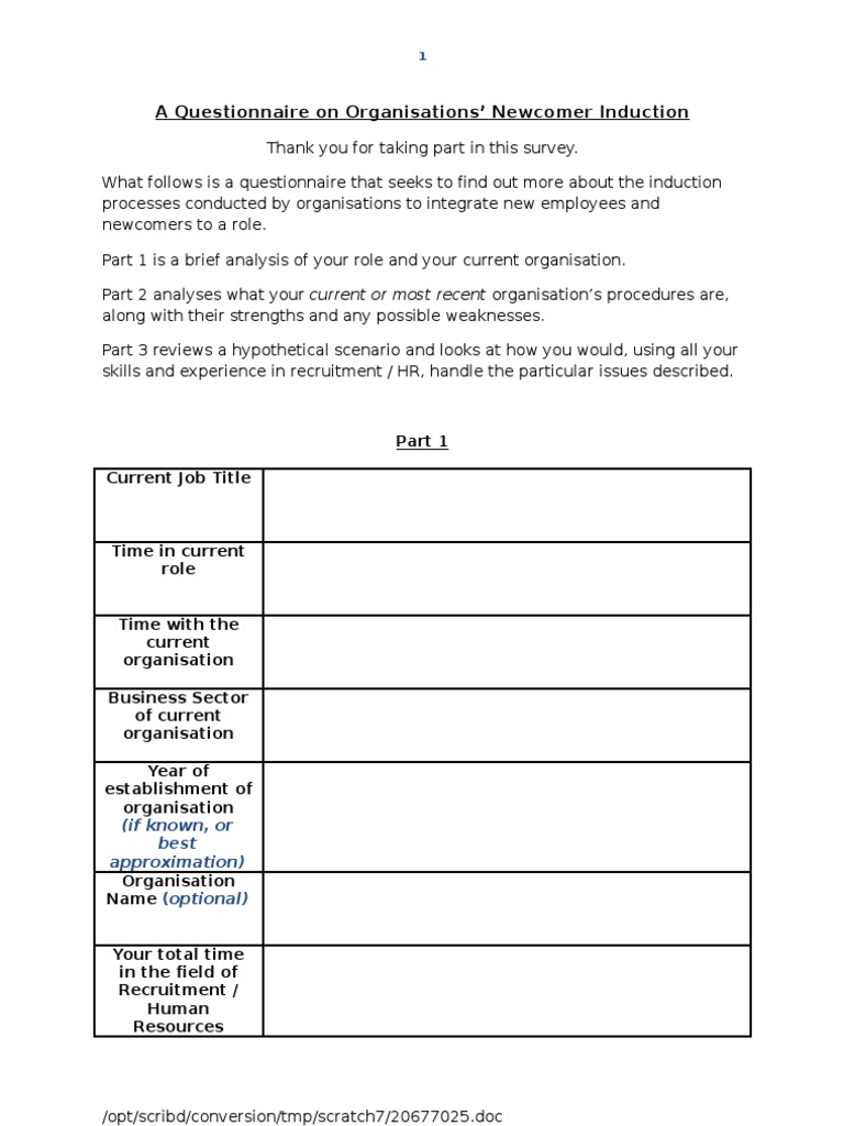 A Questionnaire On New Employee Induction | PDF