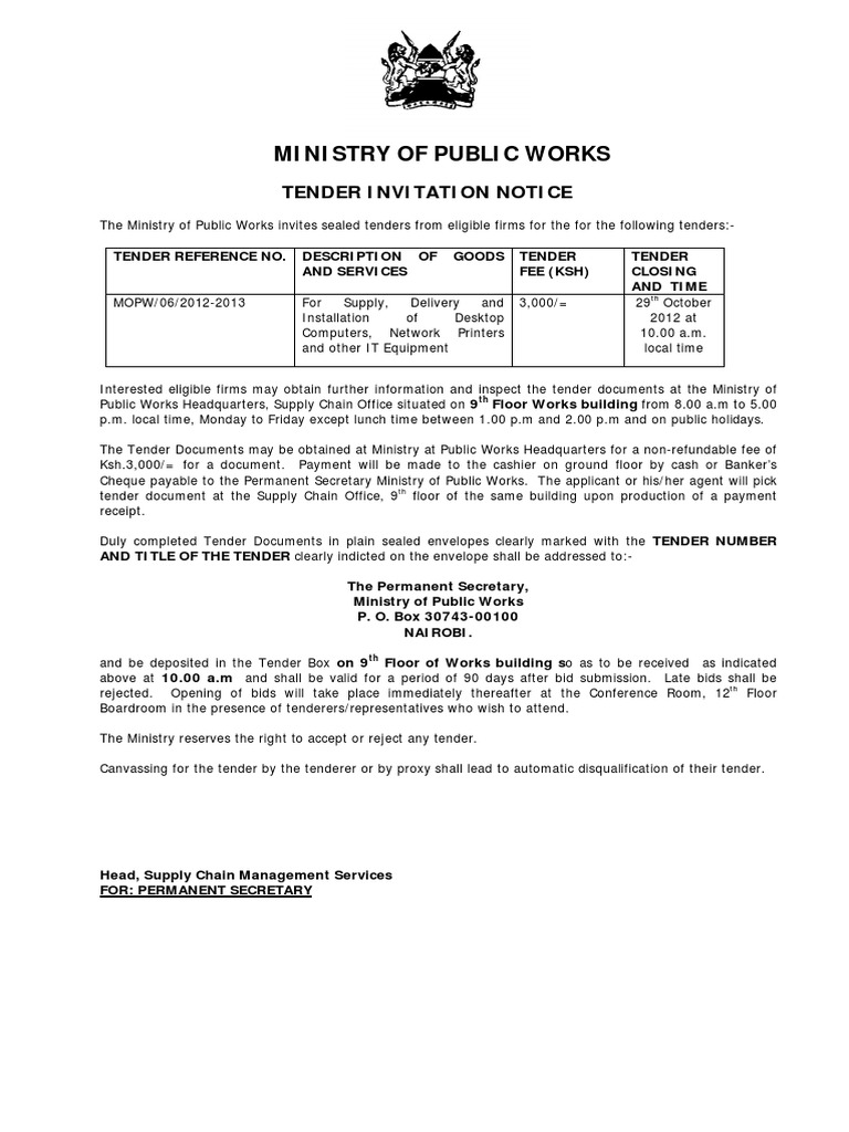 Ministry of Public Works: Tender Invitation Notice | PDF