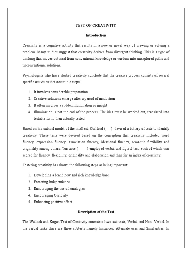 Wallach-Kogan Creativity Test Overview | PDF | Creativity | Action ...