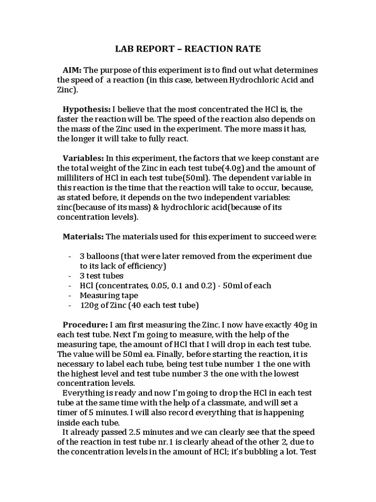 Lab Report Reaction Rate | PDF | Hydrochloric Acid | Experiment