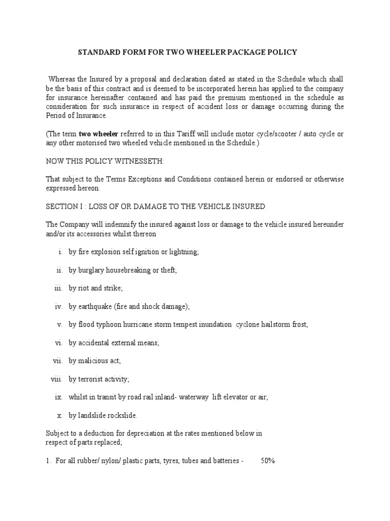37-44 Policy Wording - Two Wheelers Package Policy | PDF | Indemnity ...