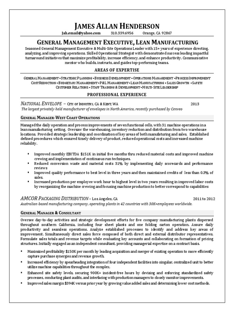 General Manager Director Lean Manufacturing in Orange County CA Resume ...