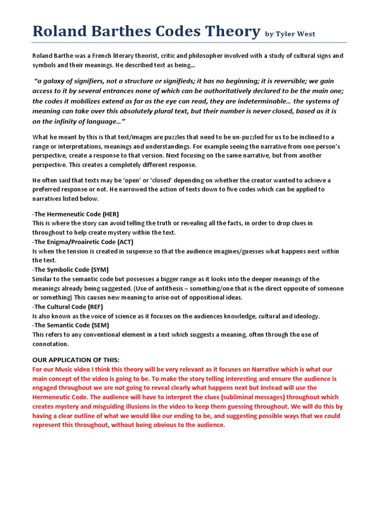 Roland Barthes Codes Theory by Tyler West | PDF | Narrative | Western ...