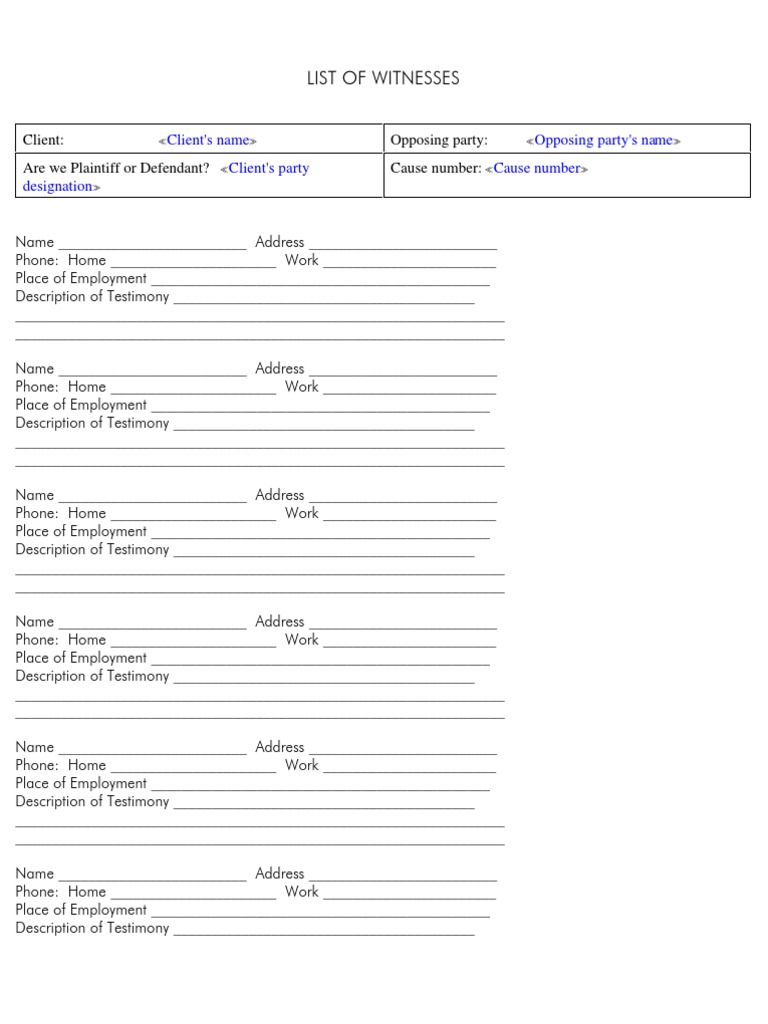 List of Witnesses | PDF | Witness | Testimony
