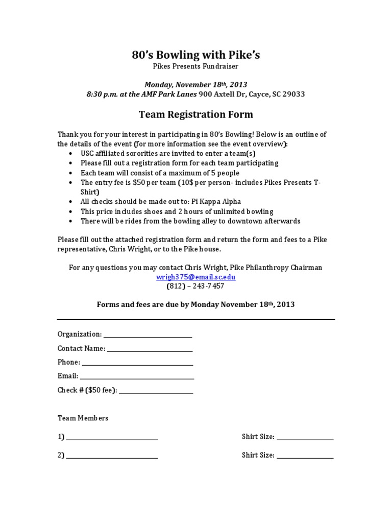 80's Bowling With Pike's: Team Registration Form | PDF