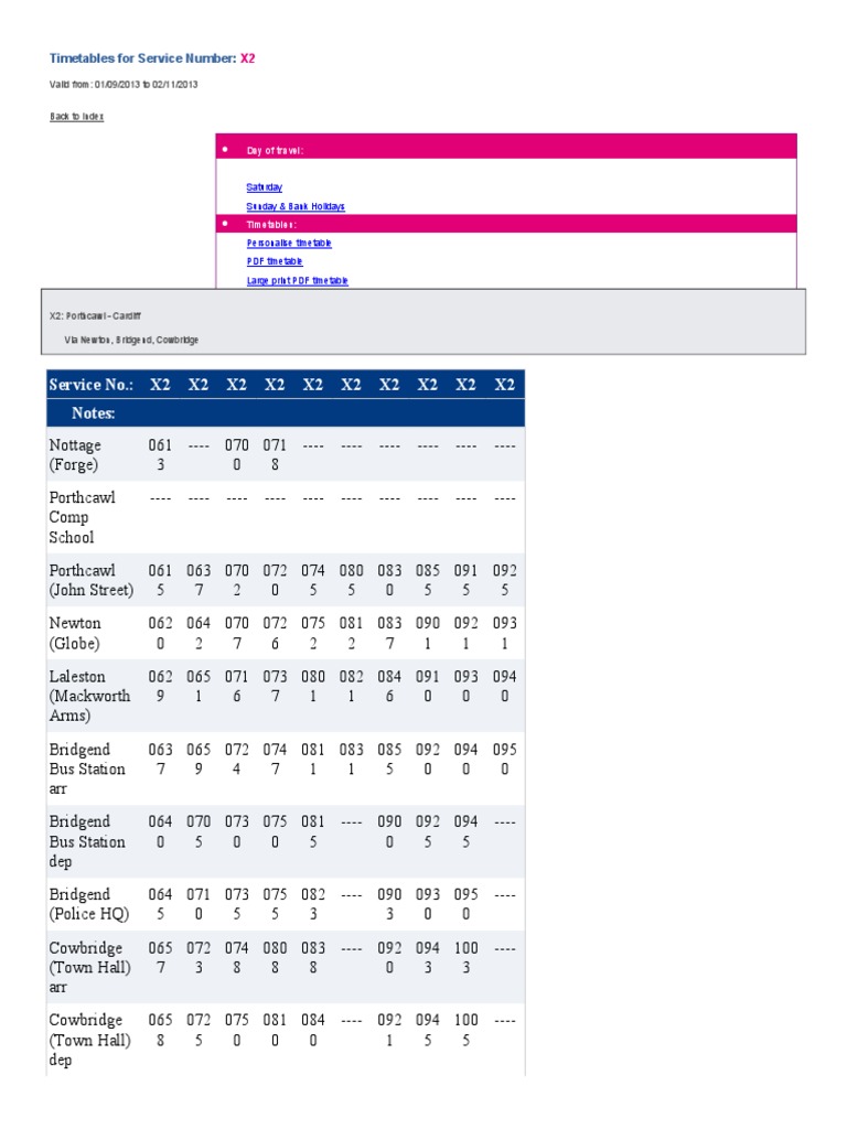 Timetables For X2 Bus | PDF | Bus Transport | Public Transport