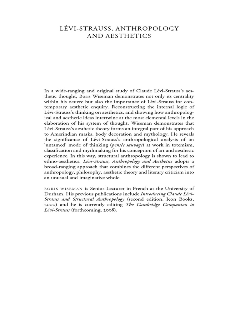 Boris Wiseman Levi-Strauss, Anthropology, and Aesthetics | PDF ...