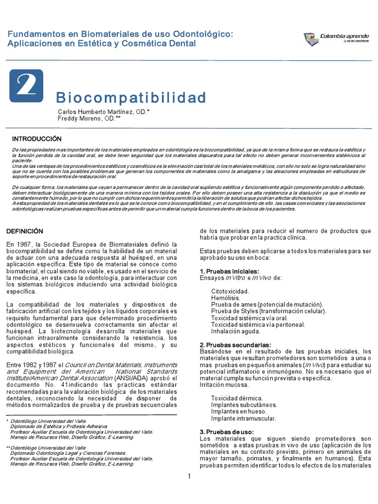 Biocompatibilidad | PDF | Biomaterial | Odontología