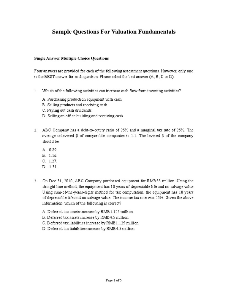 Sample Questions For Valuation Fundamentals PDF | PDF | Revenue | Price ...